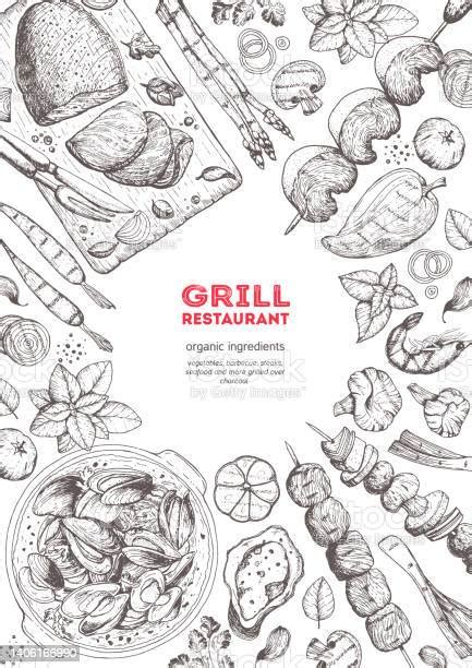 구운 고기와 야채 상단보기 프레임 벡터 일러스트레이션 새겨진 디자인 손으로 그린 그림 그릴 레스토랑 메뉴 디자인 템플릿 돼지에