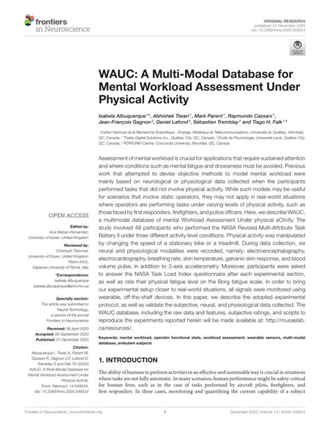 Pdf Wauc A Multi Modal Database For Mental Workload Assessment Under Physical Activity