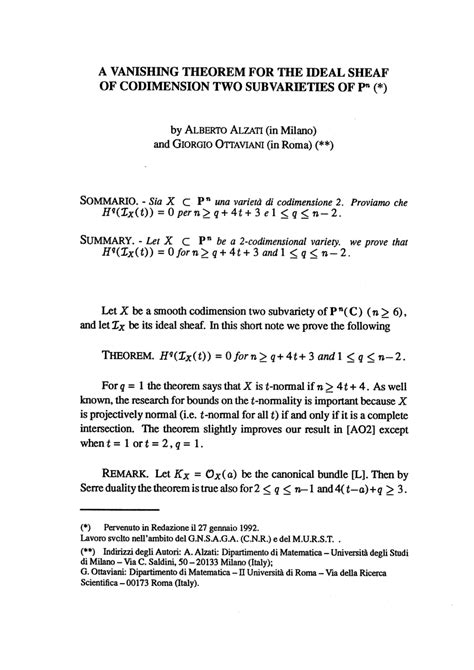 Pdf A Vanishing Theorem For The Ideal Sheaf Of Codimension Two