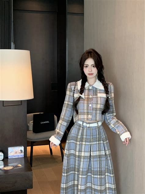 체크 숏자켓 벨트 플리츠 롱스커트 투피스
