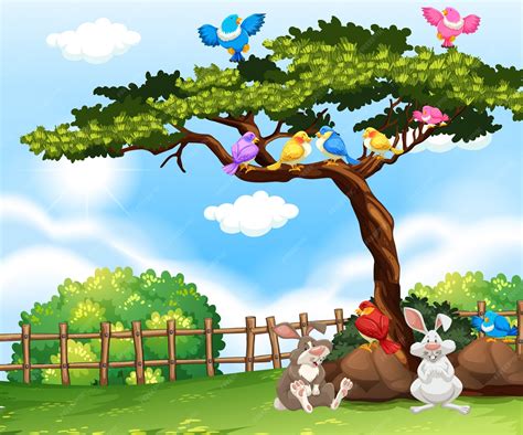 Escena De Fondo Con Pájaros En El árbol Y Conejos En La Hierba Vector