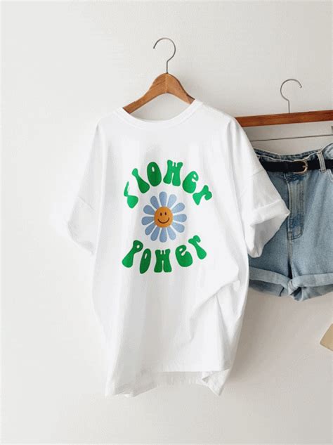 예뻐 스마일 데이지 플라워 꽃 프린트 빅사이즈 박시핏 데일리 꾸안꾸 반팔 롱티셔츠 에이블리