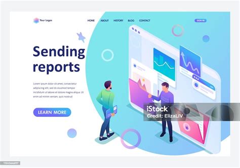 아이소메트릭 보고서에 대 한 데이터를 수집 하 고 전송 젊은 기업가는 화면의 데이터를 논의 한다 템플릿 랜딩 페이지 거래자에 대한 스톡 벡터 아트 및 기타 이미지 Istock