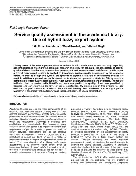 Pdf Service Quality Assessment In The Academic Library Use Of Hybrid Fuzzy Expert System