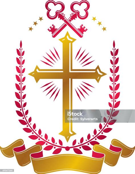기독교 십자가 장식 상징 보안 키로 구성 전 령 벡터 디자인 요소입니다 레트로 스타일 종교적인 빈티지 황금 기호입니다 믿음은 구원의 열쇠 이다 0명에 대한 스톡 벡터 아트