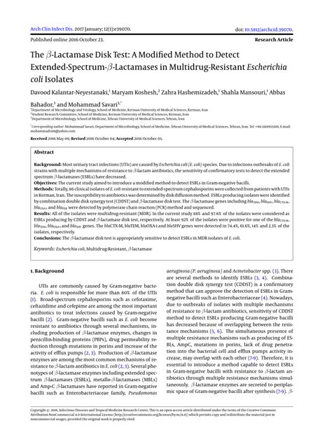 Pdf The β Lactamase Disk Test A Modified Method To Detect Extended Spectrum β Lactamases In