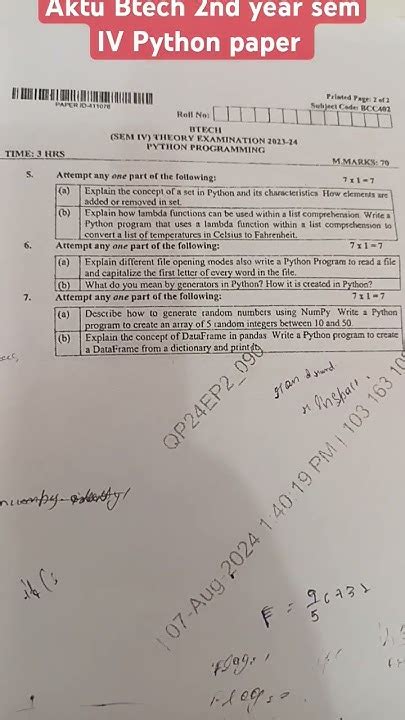 Aktu Btech 2nd Year Sem Iv Python Paper 2023 2024 Aktu Btech Python Youtube