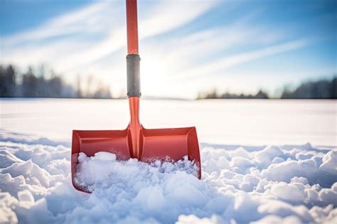 Premium Photo Orange Shovel For Snow Removal Winter Snowy Morning