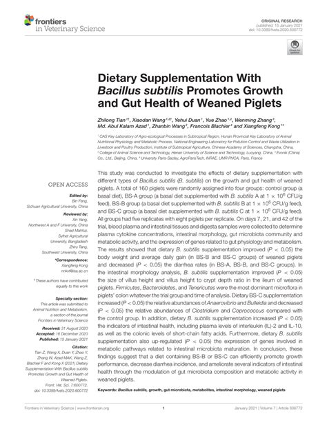 Pdf Dietary Supplementation With Bacillus Subtilis Promotes Growth And Gut Health Of Weaned