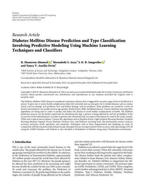 PDF Diabetes Mellitus Disease Prediction And Type Classification Involving Predictive Modeling