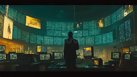 A High Tech Control Room Filled With Screens Showing Every Move Of Citizens In A Dystopian