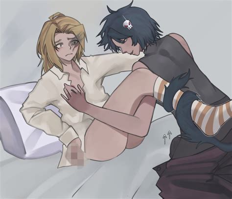 Rule 34 Blonde Hair Blue Hair Gay Sex Law Of Talos Ocxcanon Shocked Expression Showing Nipple