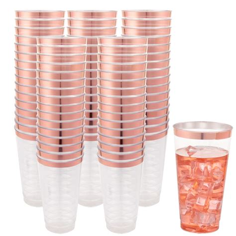 Liyh 100pcs Rose Gold Plastic Cups 16oz Rose Gold Rimmed Plastic Cups Elegant Clear Plastic Cups