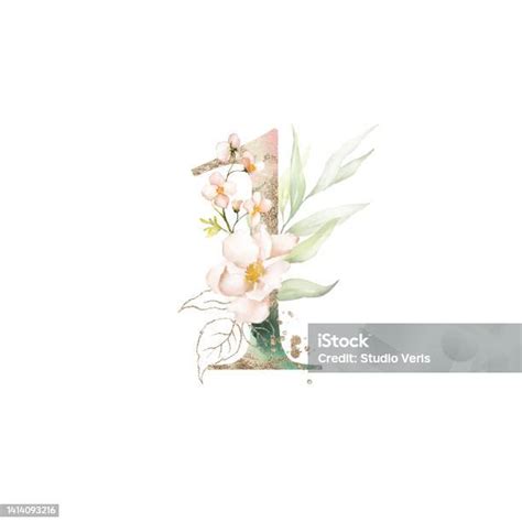 수채화 골드 그린 블러쉬 꽃 알파벳 문자 구성 숫자 기호 번호 1 첫 번째 1에 대한 스톡 벡터 아트 및 기타 이미지 1