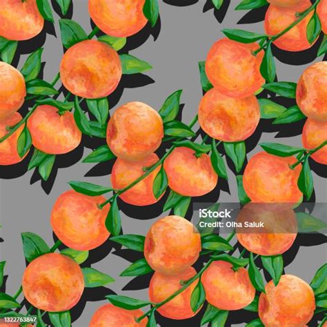손으로 그린 열대 원활한 패턴 아크릴 페인트와 현실적인 식물 도면 회색 배경에 그림자가 있는 귤 과일이 있는 가지 벽지 포장 카드 포스터 직물디자인 0명에 대한 스톡 벡터