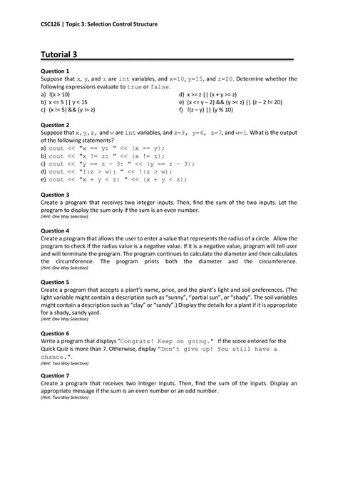 Csc126 Tutorial 3 Selective Control Structure Csc126 Topic 3 Selection Control Structure