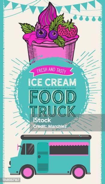 빈티지 배경에 음식 트럭에 대 한 아이스크림 그림 디저트 카페에 대 한 벡터 손으로 그린 젤라토 아이콘입니다 레터링으로 디자인 하 고 그래픽 과일과 과자 낙서 전단지에 대한