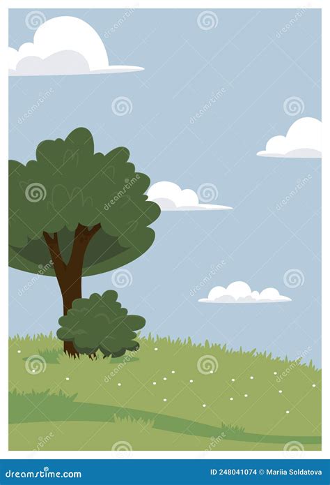 Country Landscape With A Tree A Bush On A Hill Stock Vector