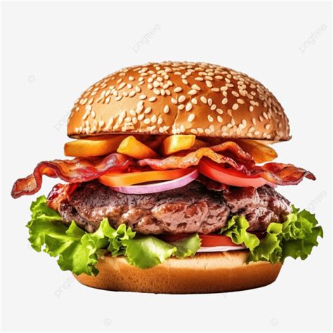 구운 고기 토마토 양파 양상추 베이컨과 감자 튀김을 곁들인 버거 채소 스테이크 불 Png 일러스트 및 이미지 에 대한 무료 다운로드 Pngtree