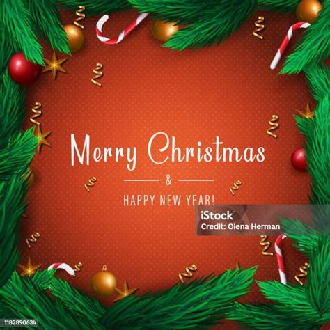 나무 가지 사탕 별 과 빨간색 배경에 메리 크리스마스와 새해 복 야 카드 계절 할인에 대 한 개념입니다 표지 포스터 배너 초대 파티를위한 템플릿 벡터 일러스트레이션 12월에