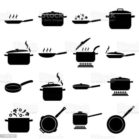 프라이팬과 팬 세트 아이콘 흰색 배경에 격리 된 로고 요리 구이 음식 아이콘에 대한 스톡 벡터 아트 및 기타 이미지 아이콘 팬 주방용구 요리하기 음식 준비 Istock