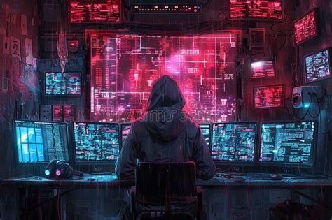 A Hacker In A Hoodie With The Hood Up Sitting At A Desk Surrounded By