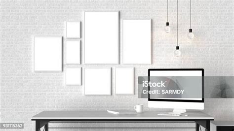 벽돌 벽과 절연된 컴퓨터 화면에 고립 된 빈 프레임 현대 작업 영역 3d 설명입니다 0명에 대한 스톡 사진 및 기타 이미지 0명 공란 디자인 Istock