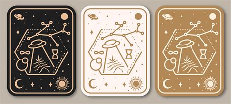 밀교 기호 포스터 배너 벡터 가는 선 기하학적 배지입니다 연금술 또는 신성한 기하학에 대한 윤곽선 아이콘입니다 연금술 기호와 Ufo 비행이 있는 신비롭고 마법적인 디자인