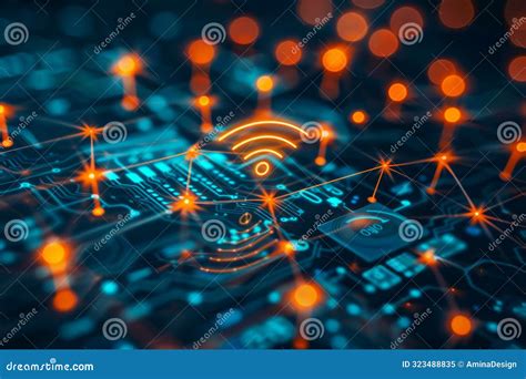 Futuristic Tech Concept With Circuit Board And Wifi Symbol In Blue And Orange Glowing Design
