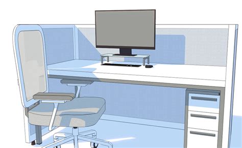 모니터와 파티션이 있는 심플한 사무실 책상과 의자