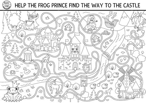 중세 마을 지도가 있는 아이들을 위한 흑백 동화 미로 매직 킹덤 라인 유치원 인쇄 가능한 활동 동화 미로 게임 또는 퍼즐 개구리 왕자 성xa가 있는 색칠 공부 페이지