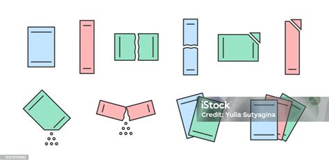 봉지 패킷 용해 분말 라인 아이콘 세트 파우더가 있는 종이 팩 스틱을 엽니다 용해 백 약물 또는 음식 설탕 소금 Cofee 심볼 파우치 편집 가능한 스트로크 벡터