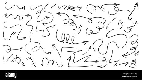 Hand Draw Black Line Arrows Set Curved And Swirl Tangled Arrows