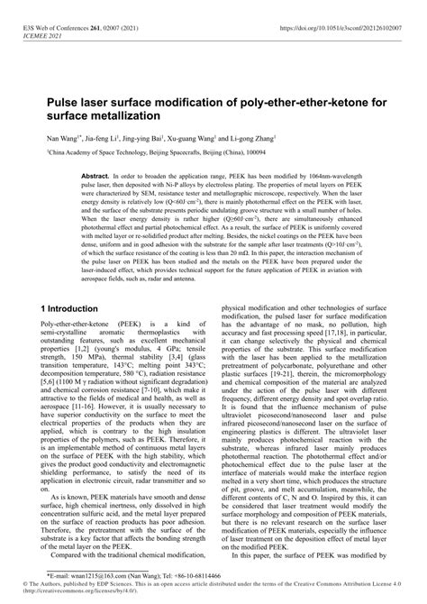 Pdf Pulse Laser Surface Modification Of Poly Ether Ether Ketone For Surface Metallization