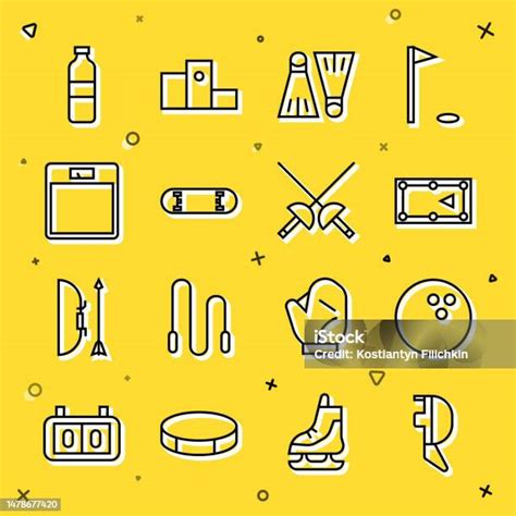 세트 라인 펜싱 헬멧 마스크 볼링 공 당구대 수영 용 고무 오리발 스케이트 보드 트릭 욕실 저울 물 및 아이콘 벡터 가죽에 대한 스톡 벡터 아트 및 기타 이미지 Istock