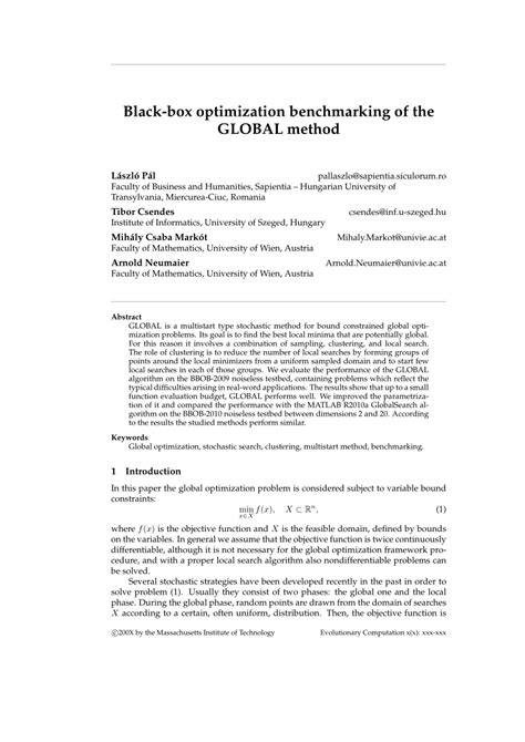 Pdf Black Box Optimization Benchmarking Of The Global Method