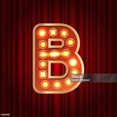현실적인 복고풍 골드 램프 전구 글꼴 편지 알파벳 빈티지 카지노 슬롯 스타일에서의 B 부분 황금 빛 붉은 커튼 배경 보기 스타일에 반짝 알파벳의 벡터 빛나는 상징 0명에