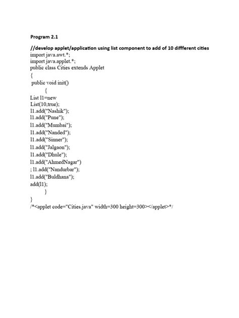 Program 21 Develop Appletapplication Using List Component To Add Of 10 Diffferent Cities Pdf