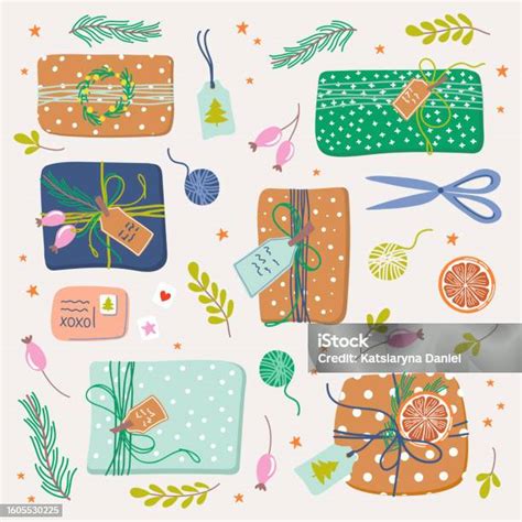다채로운 포장 선물 세트 포장지 꼬기 리본 및 식물 장식이 있는 상자를 선물하십시오 손으로 그린 벡터 그림입니다 0명에 대한 스톡 벡터 아트 및 기타 이미지 Istock