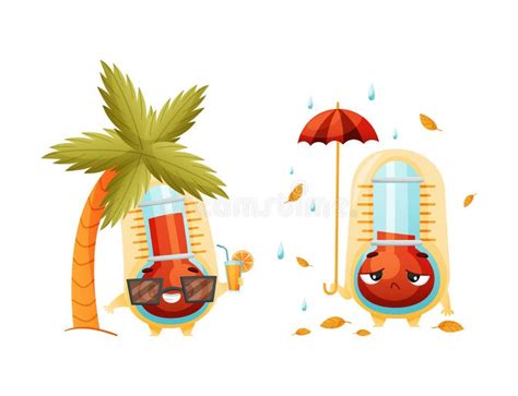 Cartoon Thermometer Character Walking With Umbrella In Rainy Day And Drinking Juice On Beach