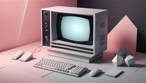 A Retro Computer Setup On A Desk With A Crt Monitor Keyboard Mouse And Geometric Shapes The