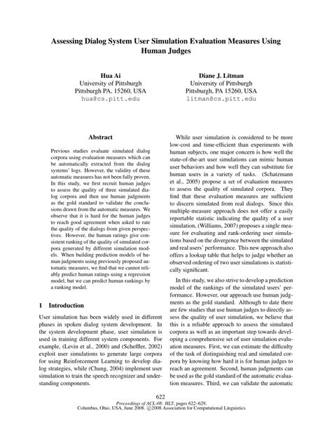 Pdf Assessing Dialog System User Simulation Evaluation Measures Using Human Judges