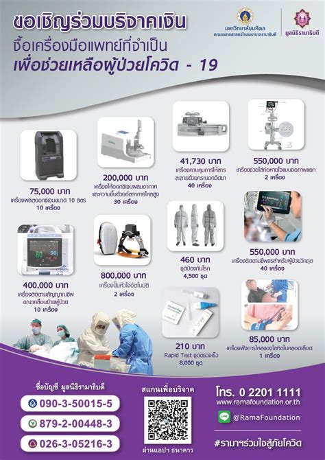 คณะแพทยศาสตร์โรงพยาบาลรามาธิบดีขอเชิญร่วมบริจาคเงินสมทบทุนซื้อเครื่องมือแพทย์ที่จำเป็นสำหรับ