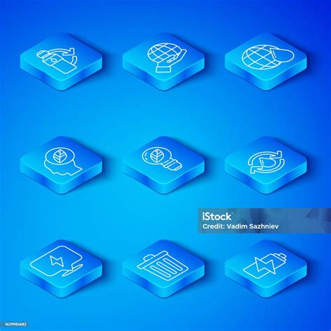 라인 번개 볼트 잎이 달린 전구 쓰레기통 깨끗한 아쿠아 재활용 지구 행성 물방울 인간의 머리 내부 플라스틱 병 재활용 및 배터리