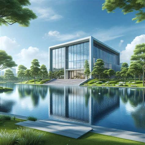 Modern Architectural Rendering Of A Glass Building By A Serene Lake
