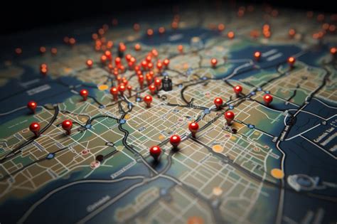 Navigational Tableau City Map Adorned With Red Pins Marking Routes Stock Illustration