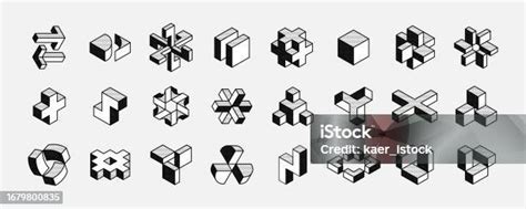 아이소메트릭 육각형 별 화살표 입방체 및 추상 로고가 설정됩니다 착시 복고풍 3d 아이콘은 흑백 물방울 무늬로 설정됩니다 3차원 형태에 대한 스톡 벡터 아트 및 기타 이미지