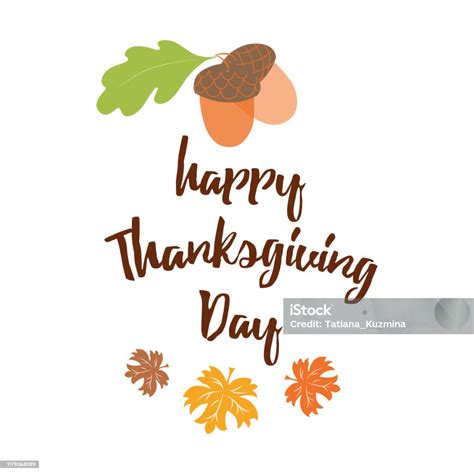 도토리 단풍 나무 잎 흰색 배경에 텍스트를 남긴 손으로 그린 추수 감사절 타이포그래피 기호 감사에 대한 스톡 벡터 아트 및 기타 이미지 감사 기도하기 행운 Istock