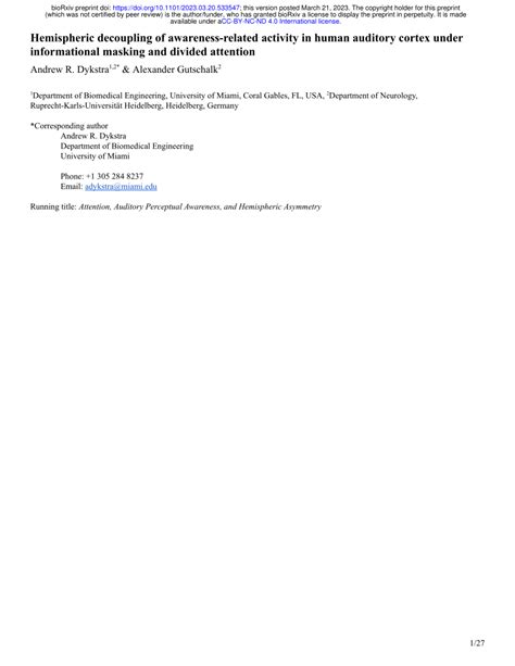 Pdf Hemispheric Decoupling Of Awareness Related Activity In Human