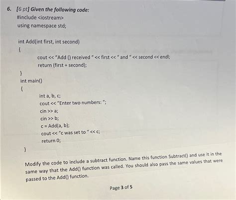 Solved Modify The Code To Include A Subtract Function Name